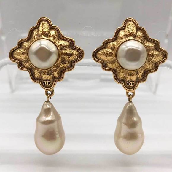 CHANEL | Jewelry | Chanel Earrings Here Mark Gold Metal Fake Pearl ...
